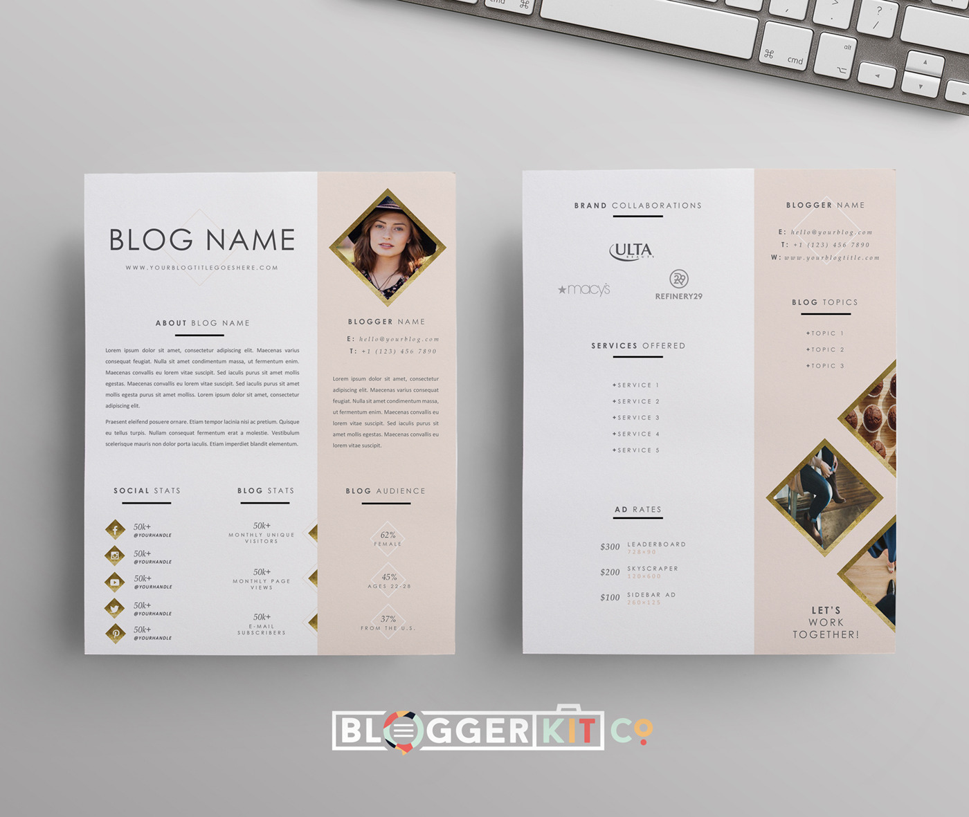 Beauty Blogger Media Kit | Two Pages, a Resume Template by Blogger Kit Co.