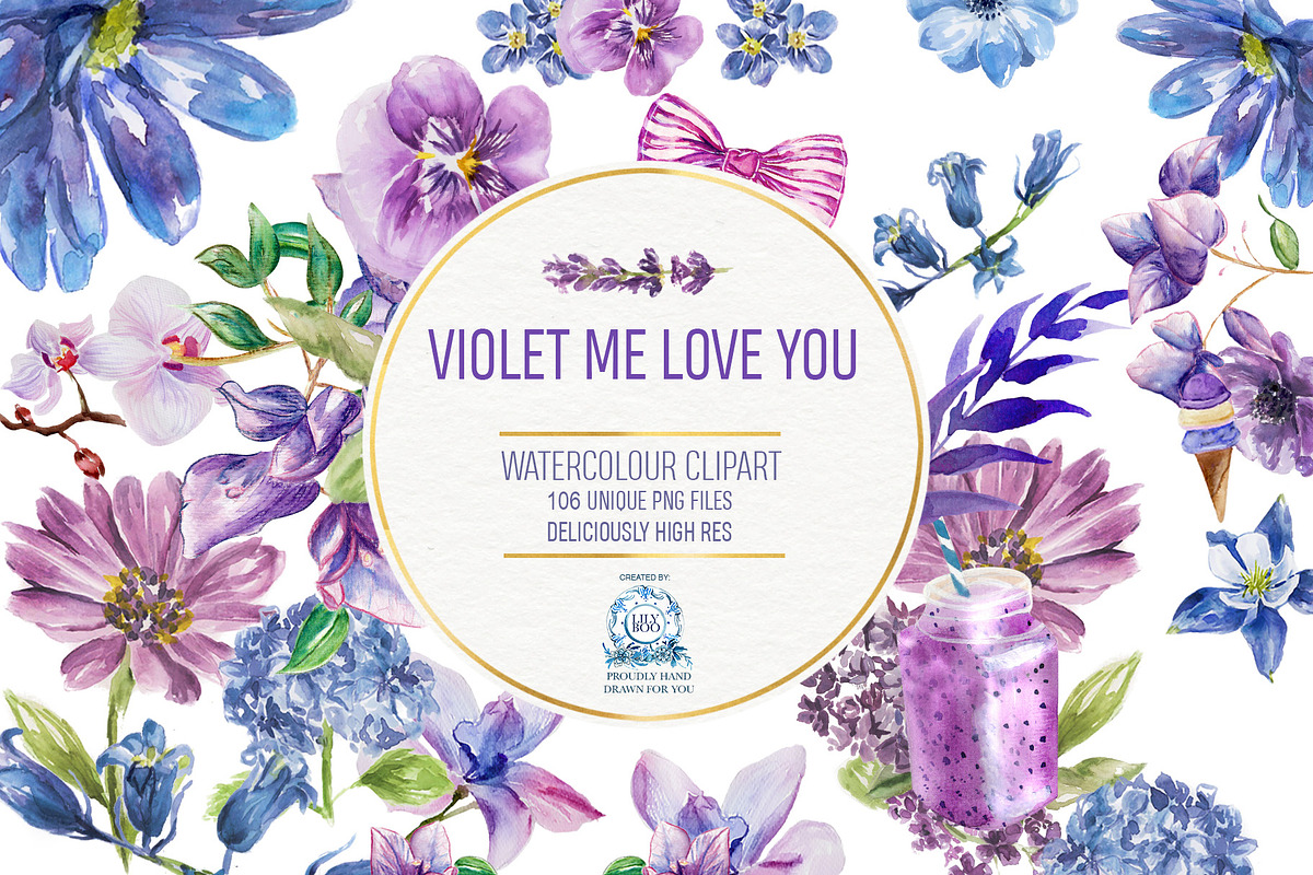 115 Violet Floral Watercolor Clipart, an Illustration by LilyBoo Clipart