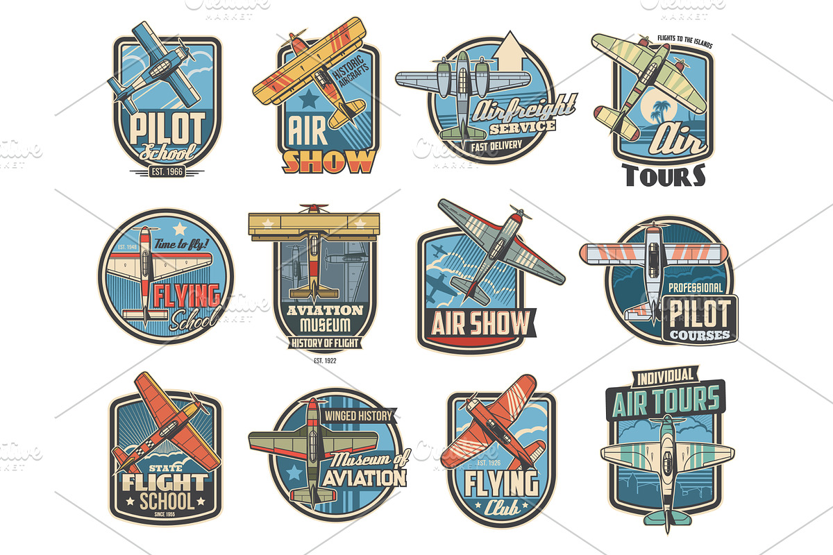 Pilot school and aviation icons, an Education Illustration by Vector ...