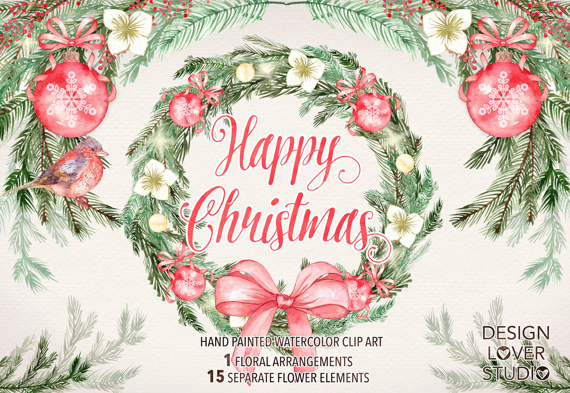 Watercolor Happy Christmas 1., an Illustration by designloverstudio