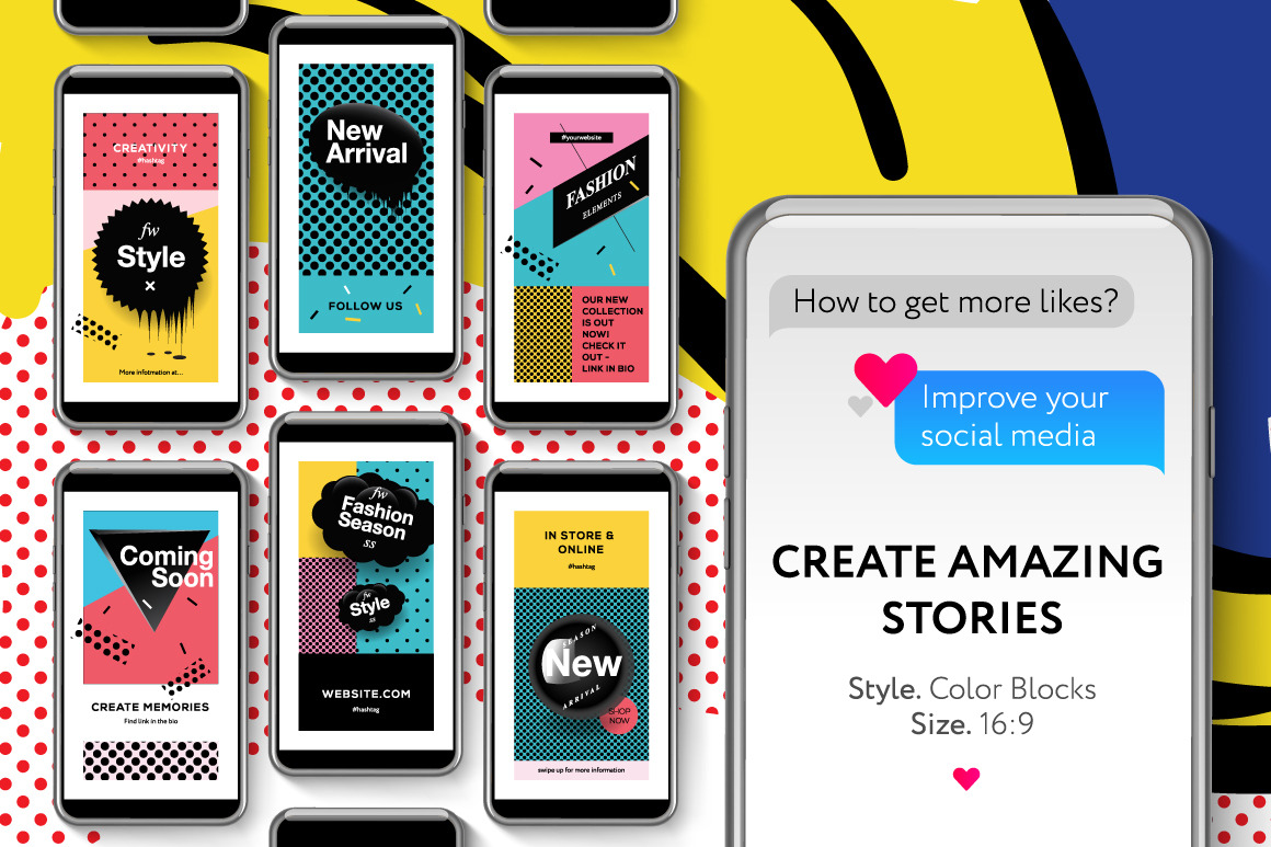 Memphis Style Color Blocks UI Kit, a Social Media Template by PREMIUMVECTOR