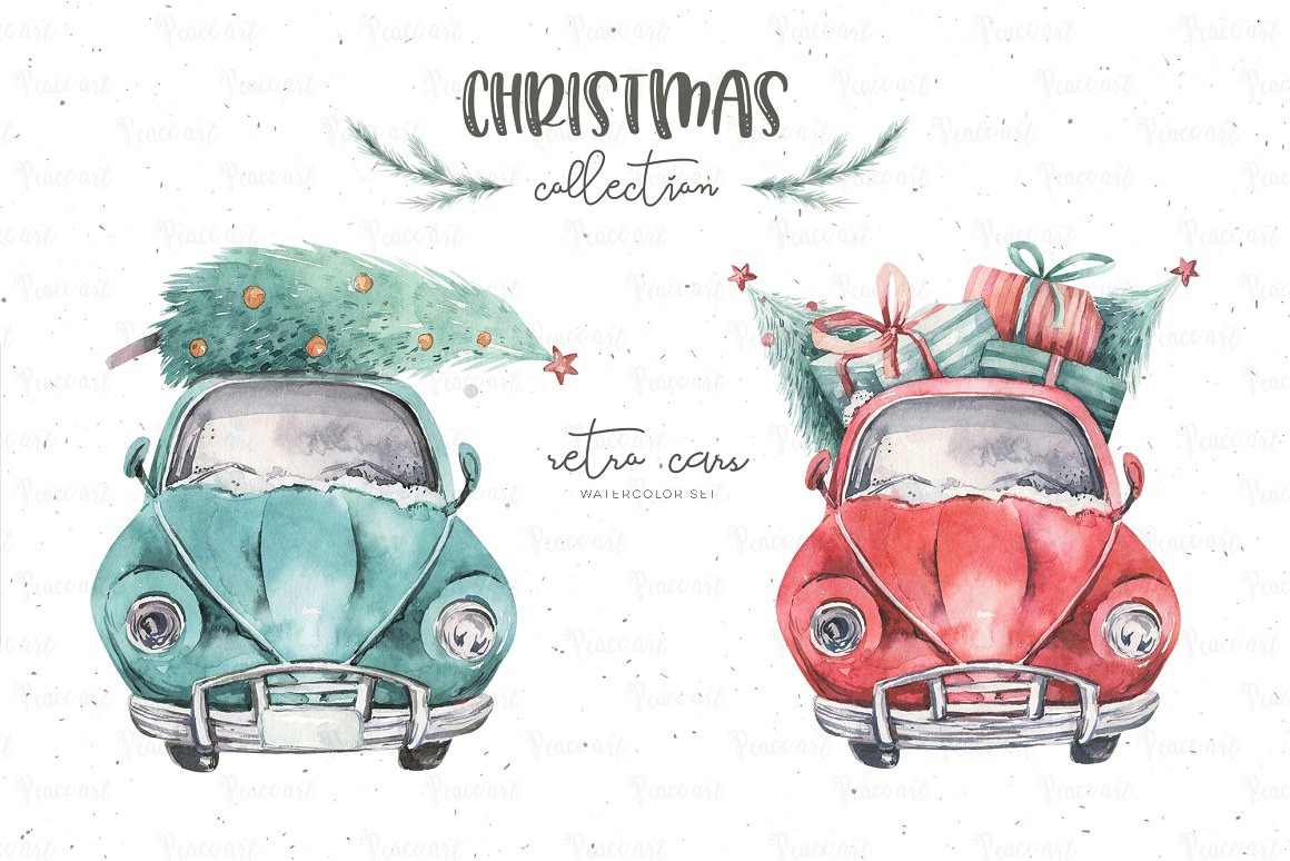 Watercolor Christmas cars collection, a Decorative Illustration by ...