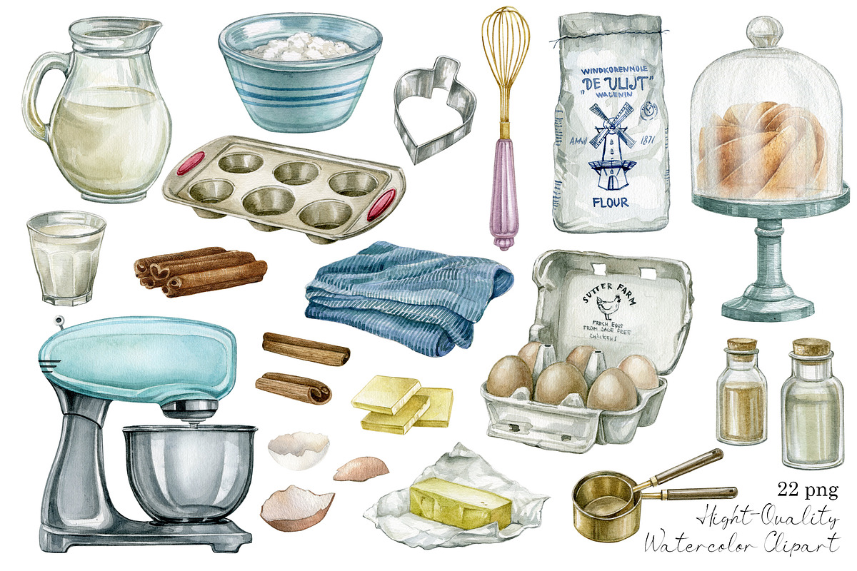 Watercolor baking tools clipart