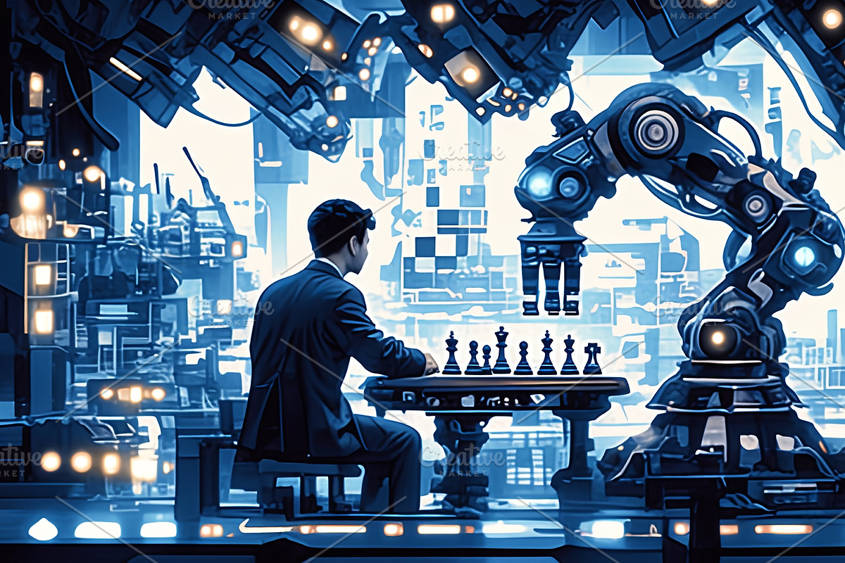 Engineer playing chess with robotic arm in futuristic laboratory, an ...
