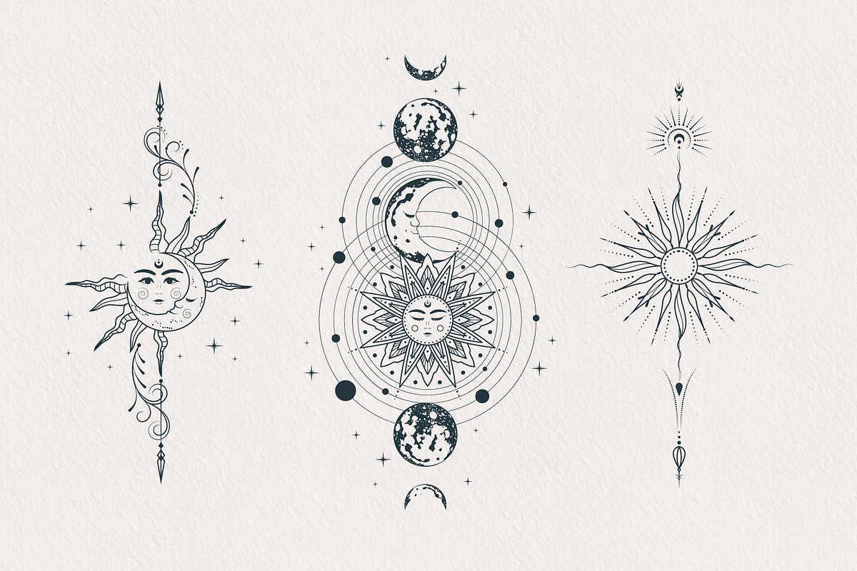 Hand drawn Mystical Sun & Moon Set