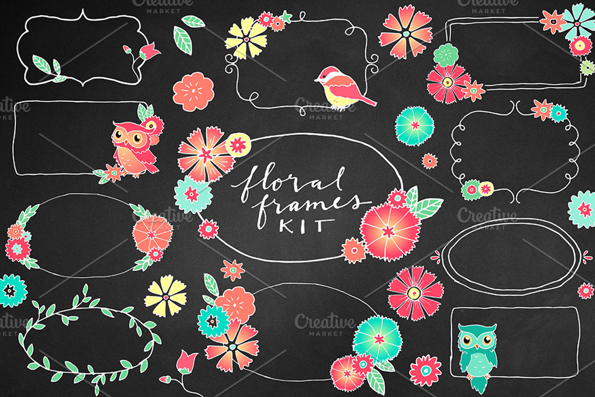 Chalkboard Floral Frames Kit, an Object Graphic by Lemonade Pixel