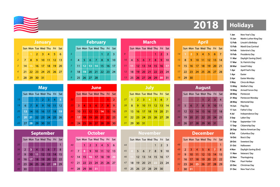 calendar 2018 official holidays USA, a Background Graphic by Rommeo79