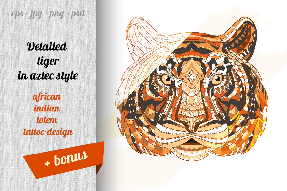 Detailed tiger in aztec style, an Animal Illustration by mary_shop