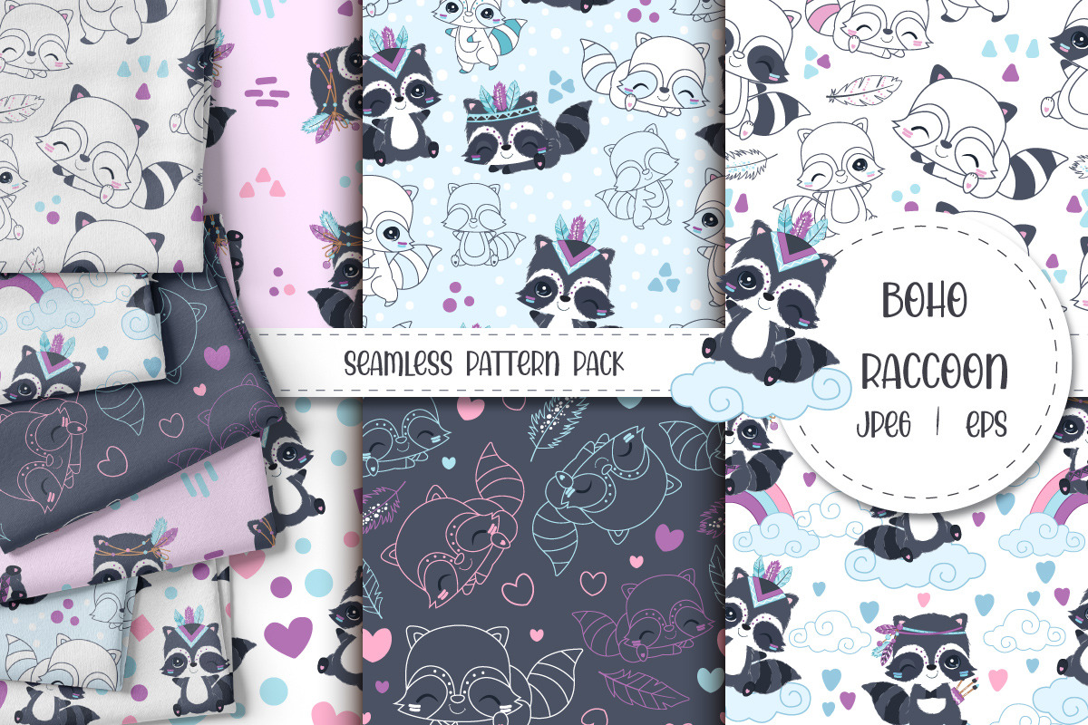 Cute raccoon seamless patterns set