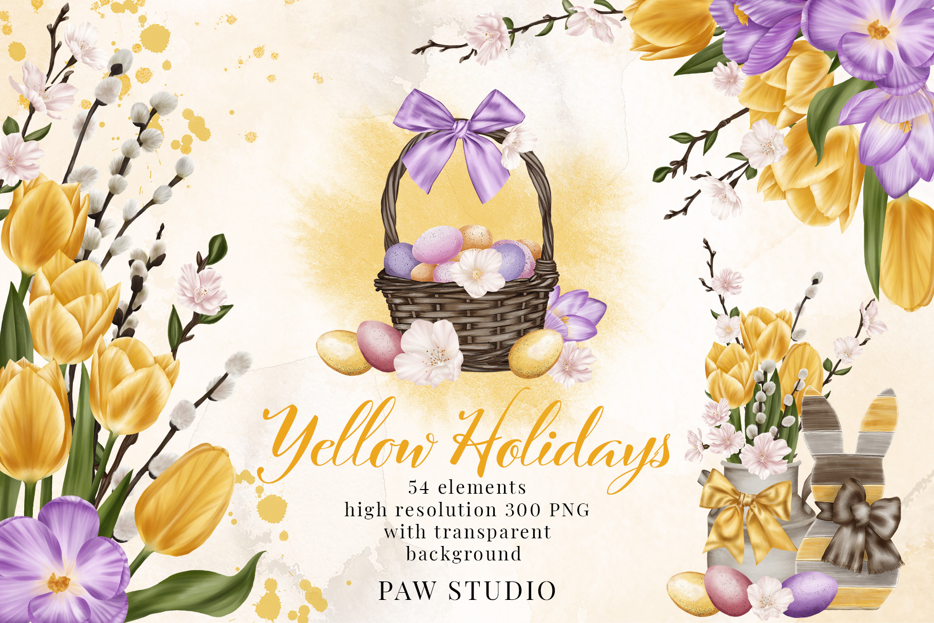Easter Clipart Spring Tulips Bunny, an Illustration by PawGraphic