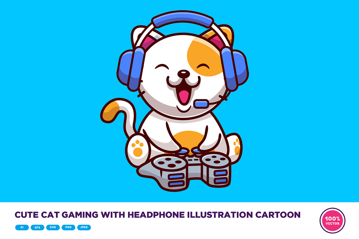 Cute Cat Gaming With Headphone, an Animal Illustration by Catalyst Labs