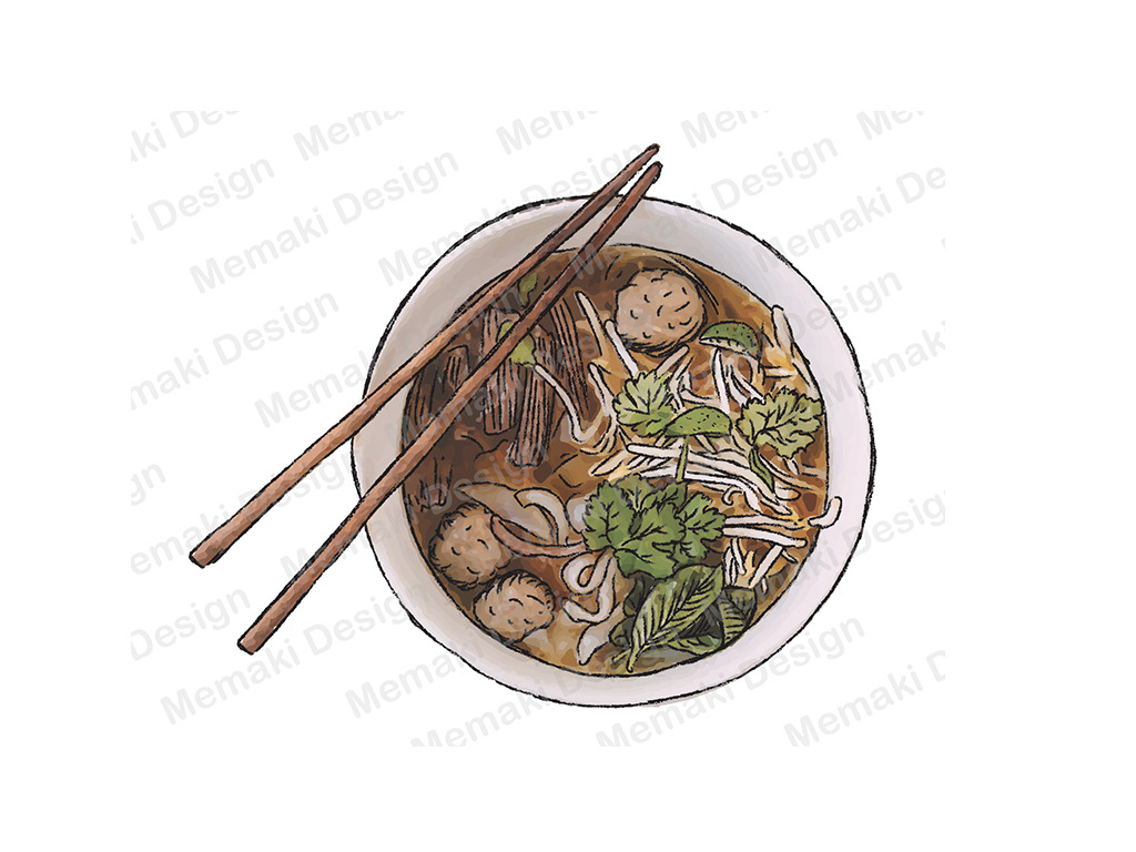 Pho Soup Noodle Bowl Illustration, a Food Illustration by MeMaKi Design