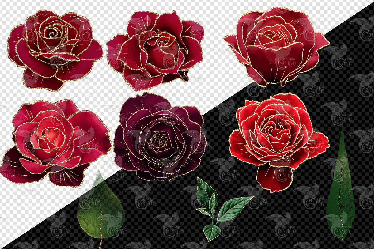 Red and Gold Glam Roses Clipart, an Illustration by Digital Curio