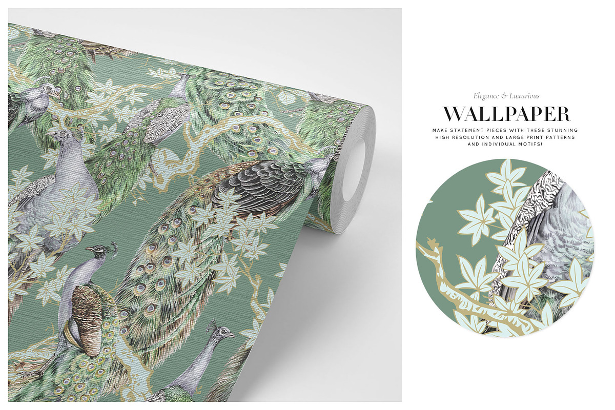 Kujaku, luxury peacock Patterns!, a Pattern Graphic by Pink Linen