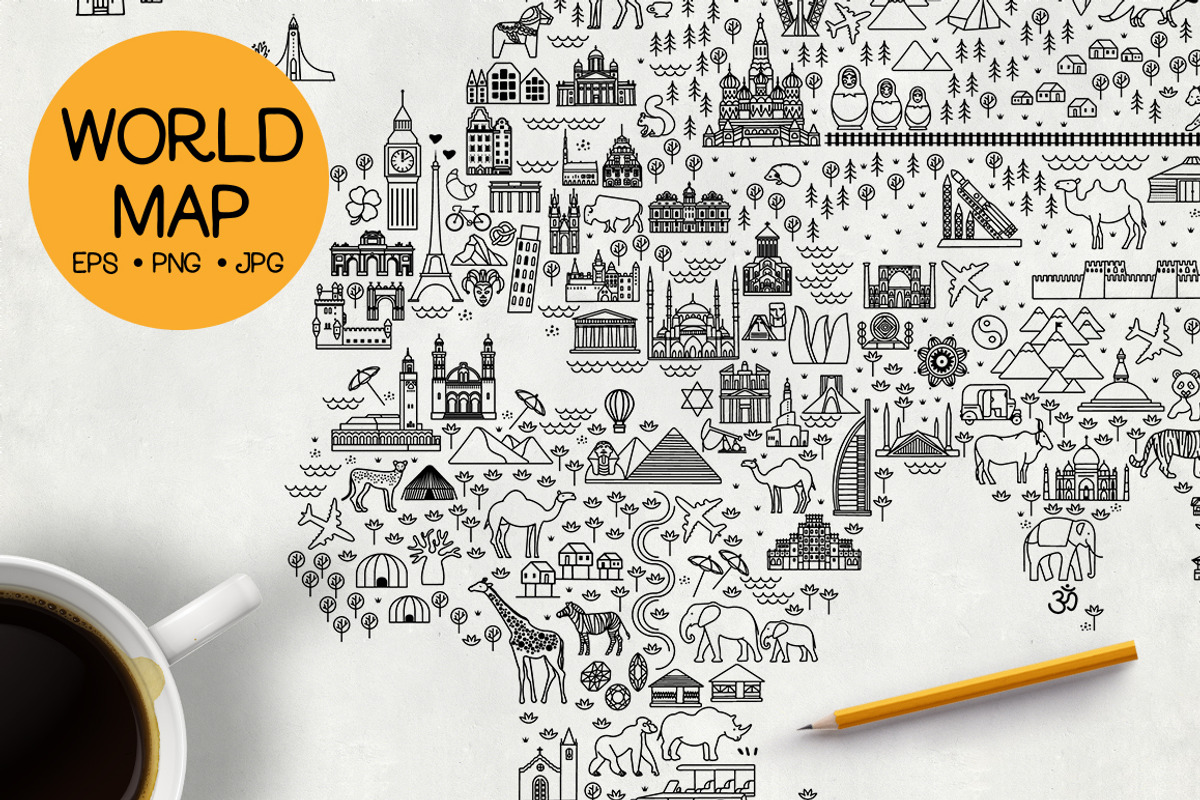 World Travel Line Icons Map, an Illustration by Moloko88