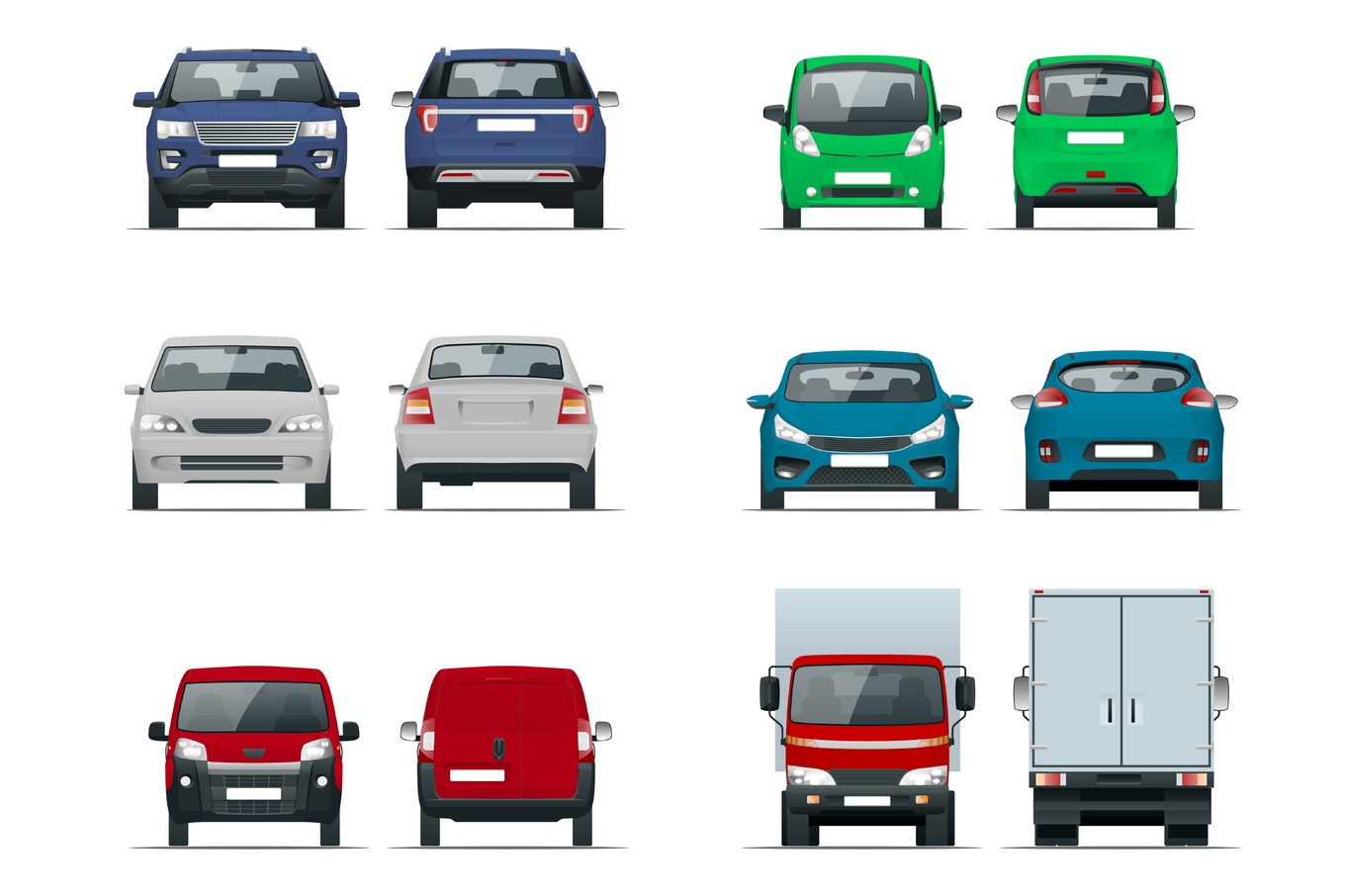 Vector set cars front and rear view. Sedan, off-road, compact, cargo ...