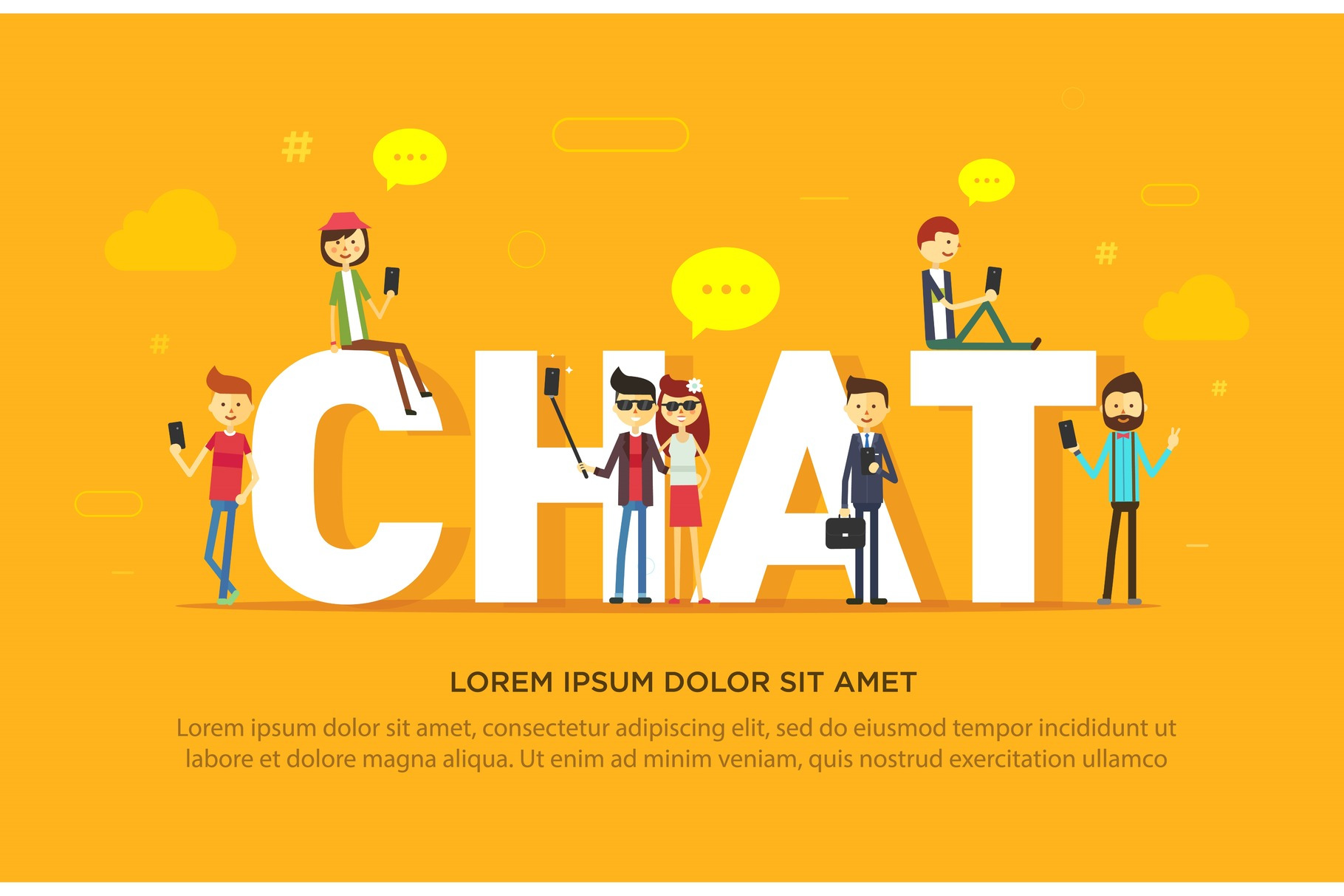 Chat concept illustration of young people using mobile gadgets, a ...