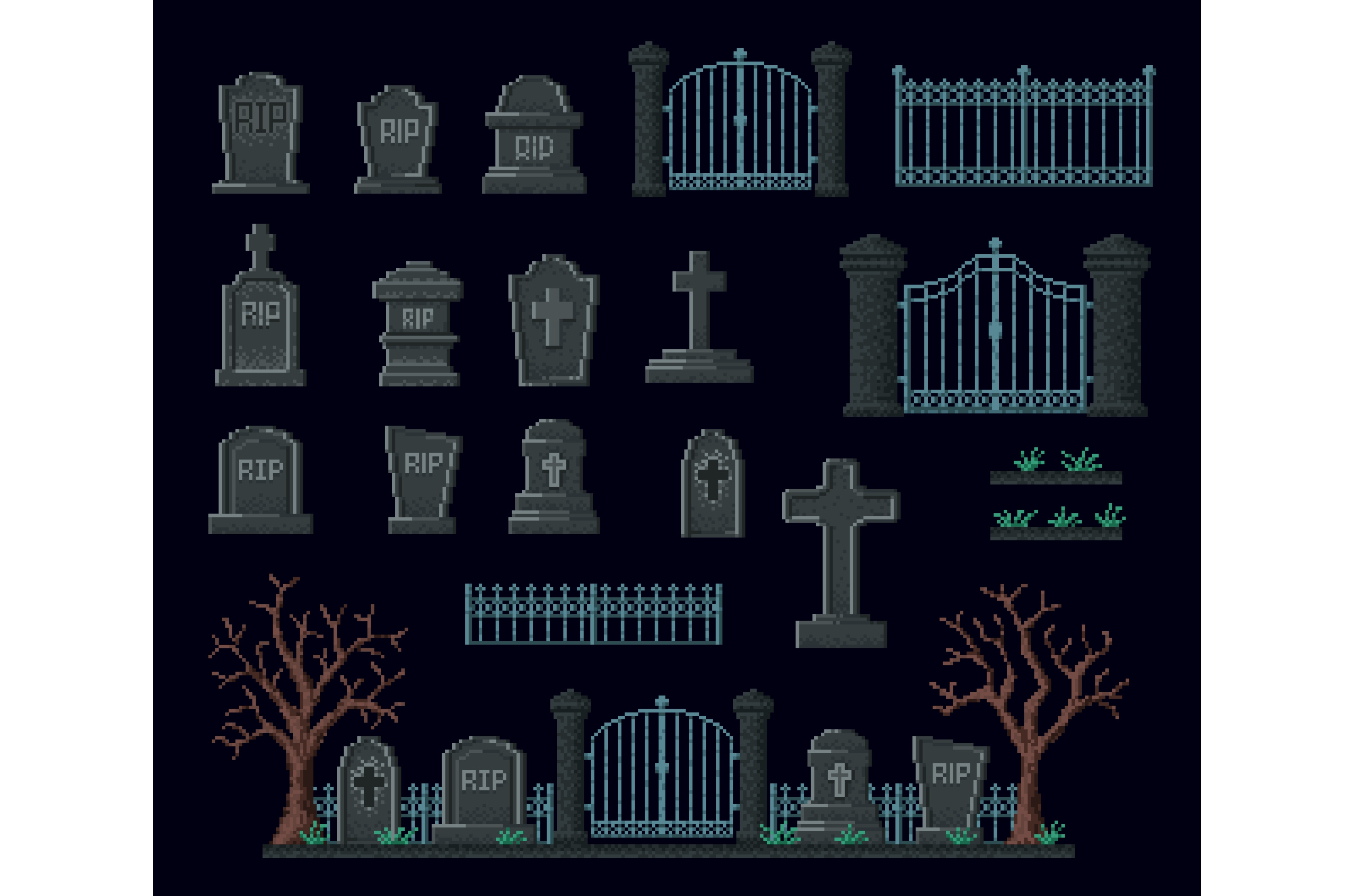 Cemetery 8bit pixel game asset, an Illustration by Vector Tradition