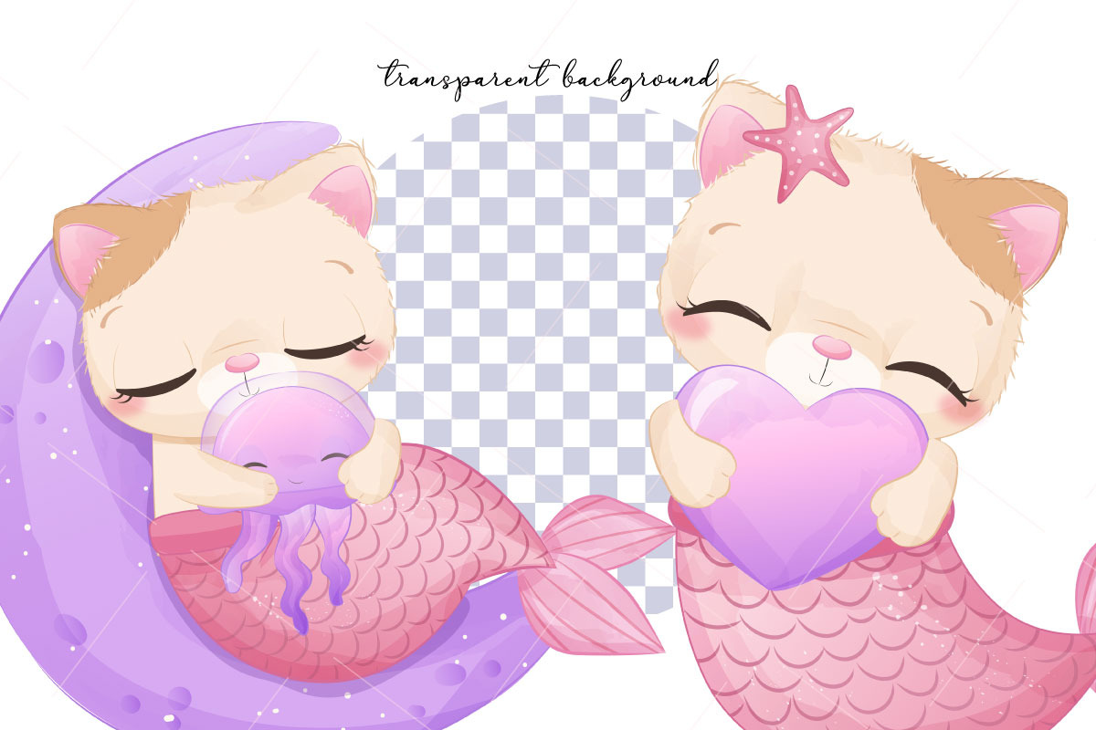 Adorable Cat Mermaid Clip-Art Set | Creative Market