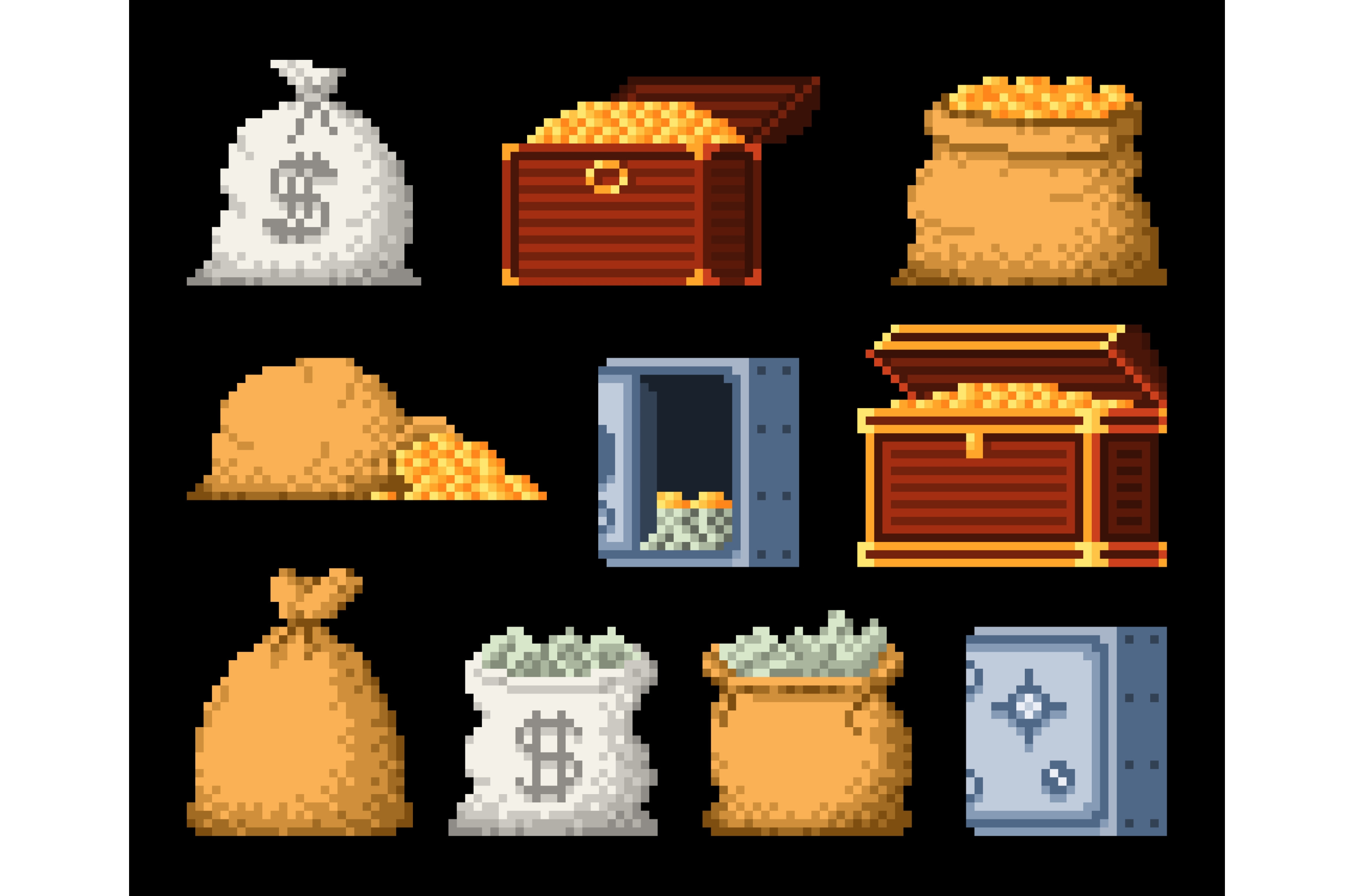 8 bit pixel money bag, golden coins, an Illustration by Vector ...
