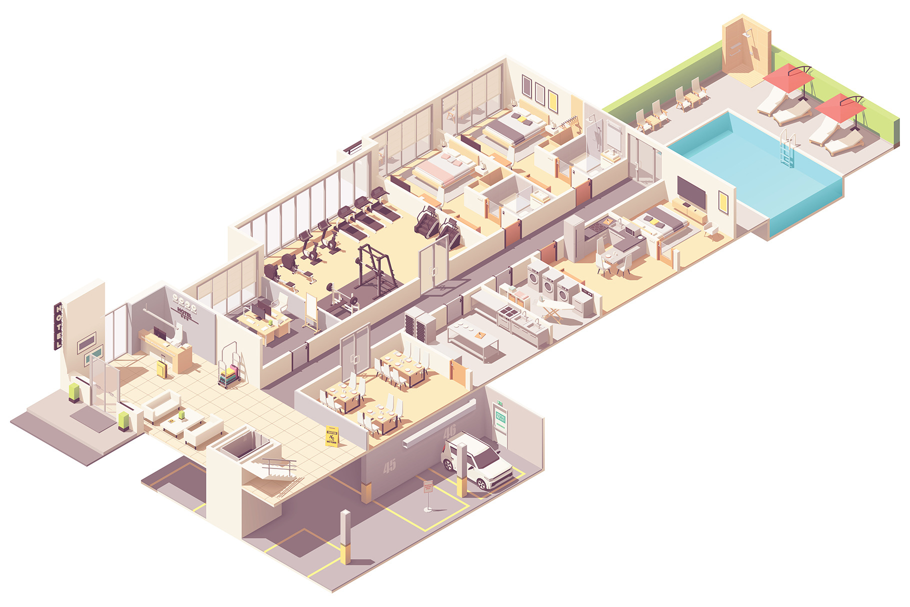 Vector isometric hotel interior, a Graphic by tele52