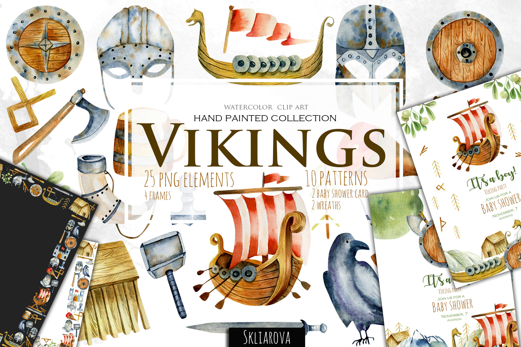Vikings. Watercolor clip art., a Decorative Illustration by Skliarova ...