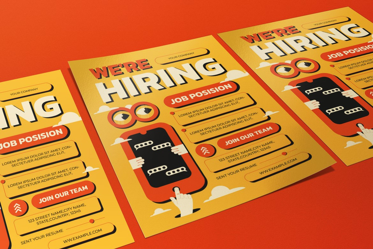 Yellow Retro We're Hiring Flyer, a Flyer Template by graphicook