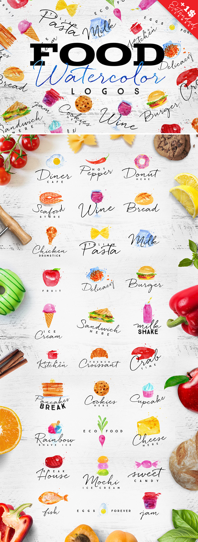 Food Watercolor Logos, a Food Illustration by Anna