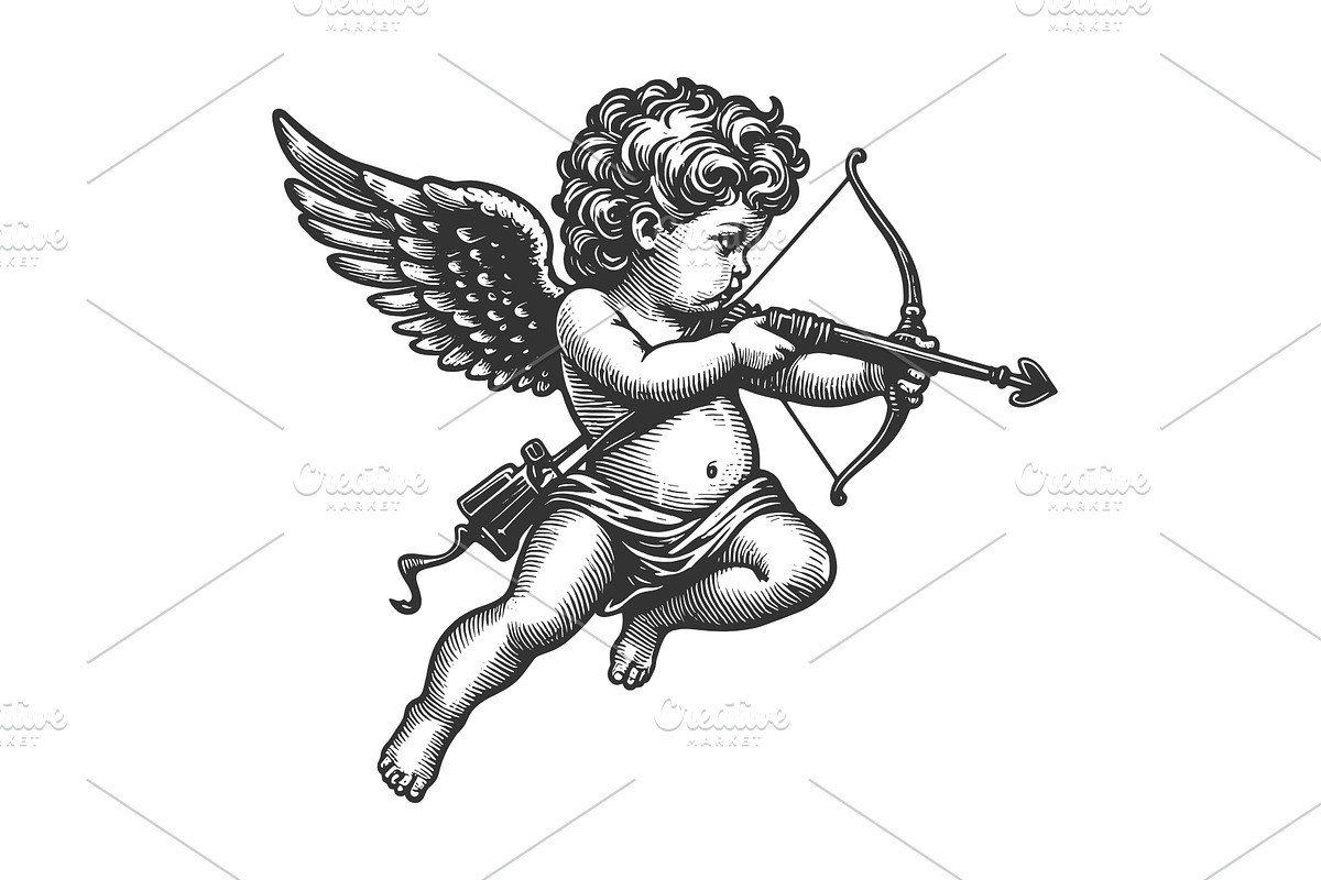 Cupid with Bow and Arrow engraving, an Illustration by AlexArt
