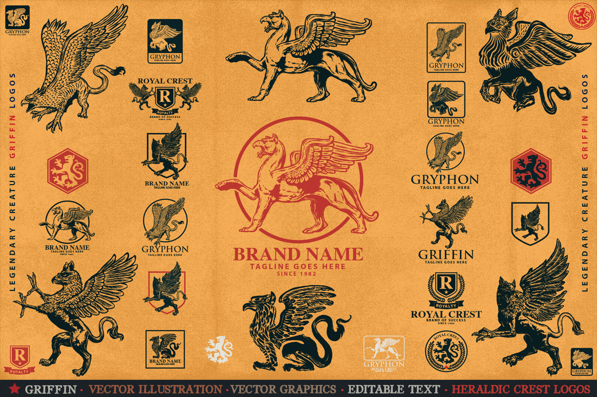 GRIFFIN - Heraldic crest logos, an Animal Illustration by Artistic & Unique