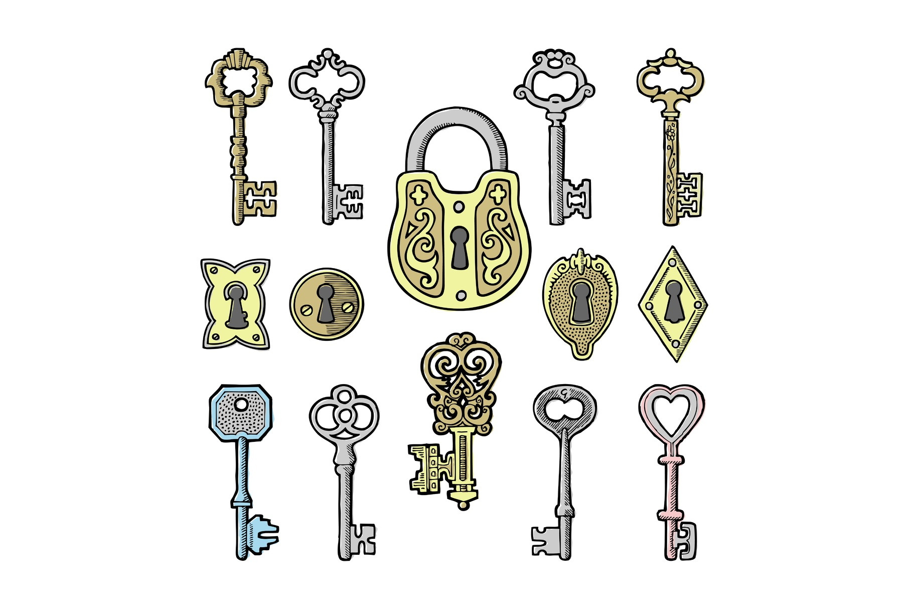 Vector key vintage old sketch retro lock illustration of lock from ...