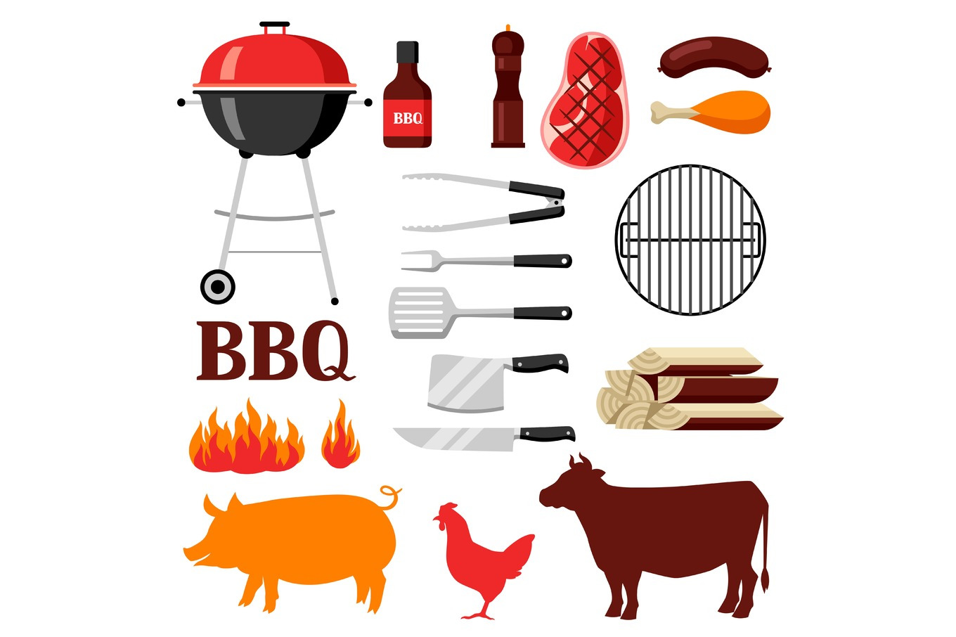 Bbq set of grill objects and icons, an Object Graphic by incomible