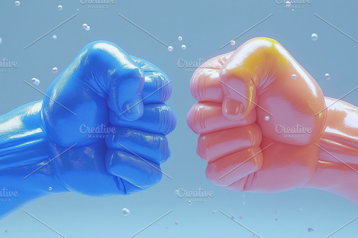 Two colorful, glossy fists, one blue and one pink, are shown in a fist ...