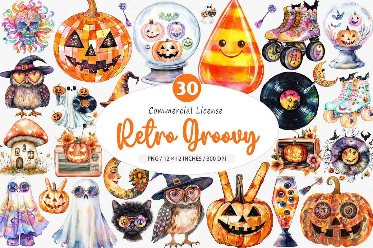 Retro Groovy Halloween Day Clipart, an Illustration by SinaCreation