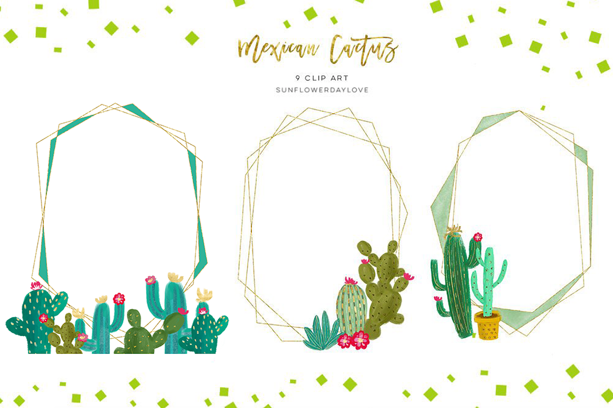 Cactus Gold Geometric Frames Clipart, an Illustration by Sunflower Day Love