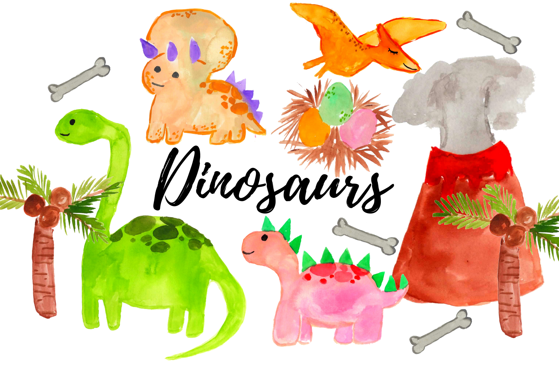 Watercolor Dinosaur Clipart, an Animal Illustration by Writelovely