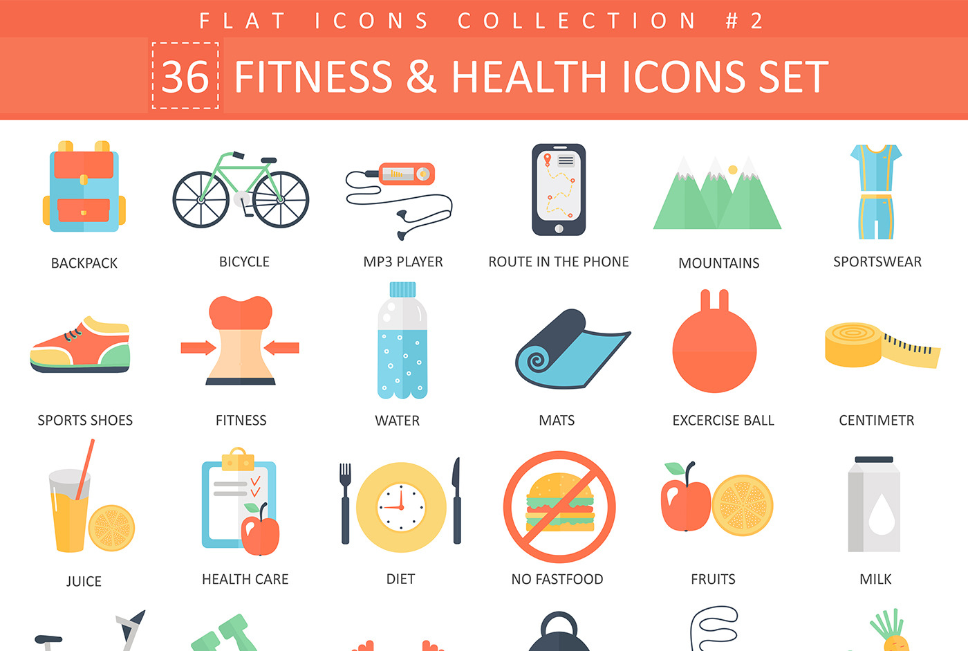 36 Fitness & health flat icons set., an Icon by Lemberg Vector
