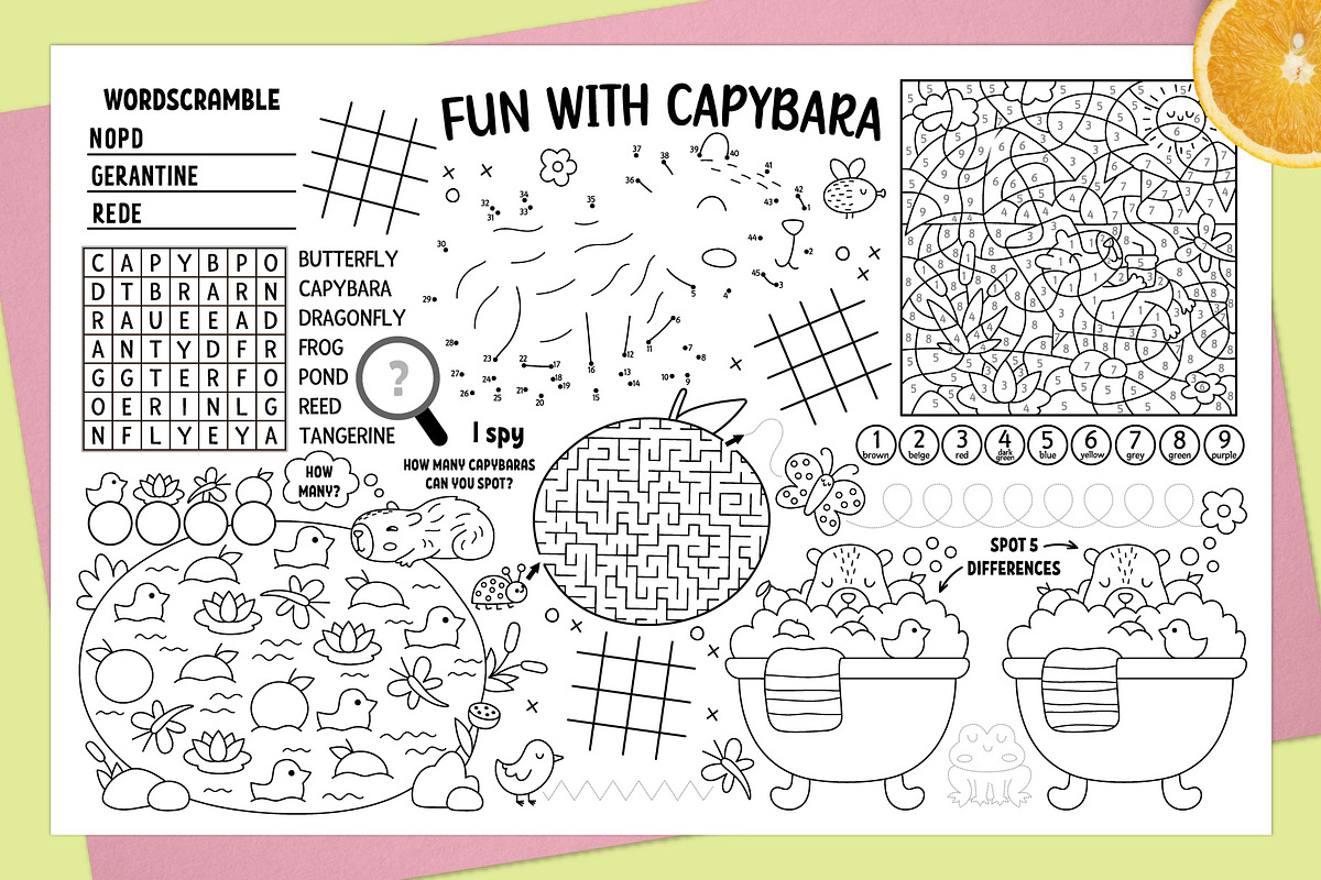 Capybara coloring activity play mats, an Education Illustration by Lexi ...