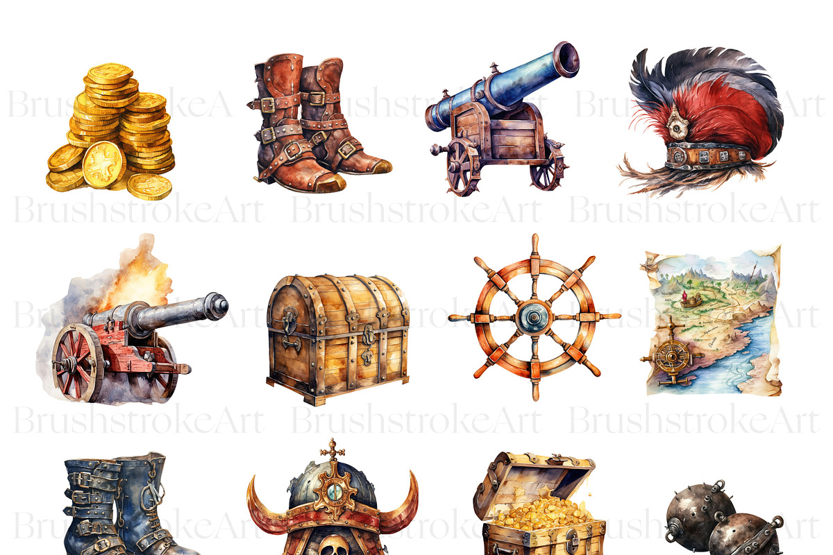 Watercolor Pirates Clipart, Ship, Map