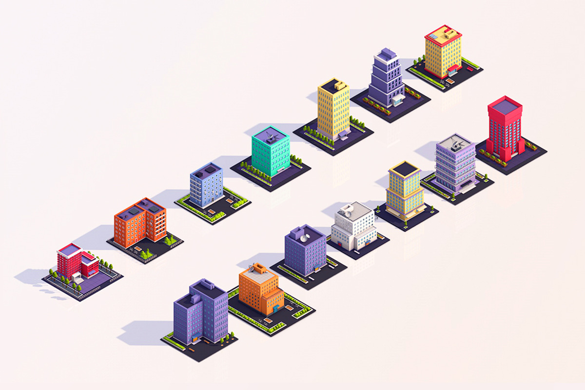 Low Poly Isometric Buildings Pack, an Illustration by Anton Moek