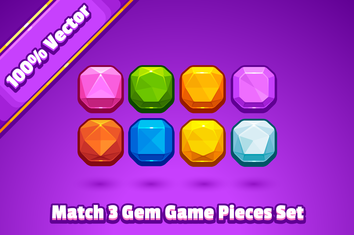 Match 3 Gem Game Pieces, an Illustration by Vectricity Designs
