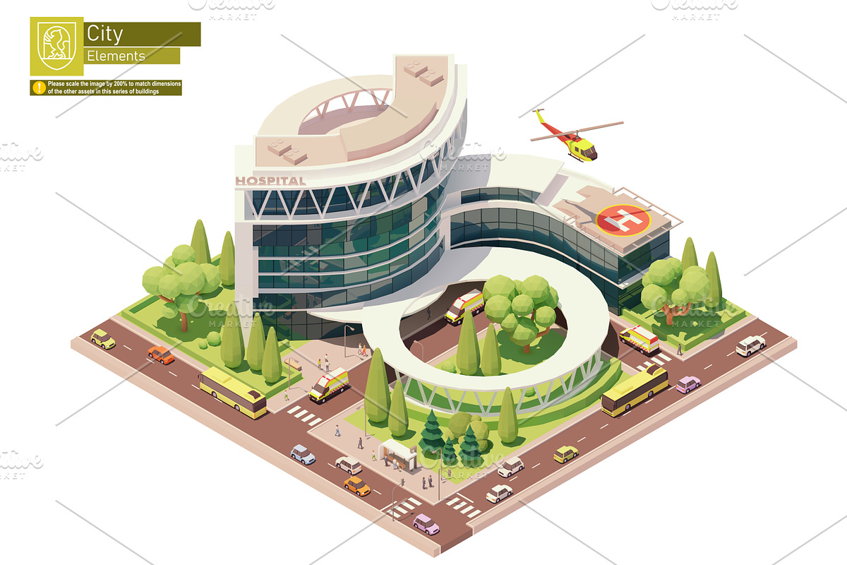 Vector isometric hospital building | Creative Market