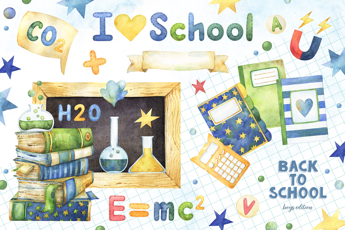 Back to School Watercolor clipart set