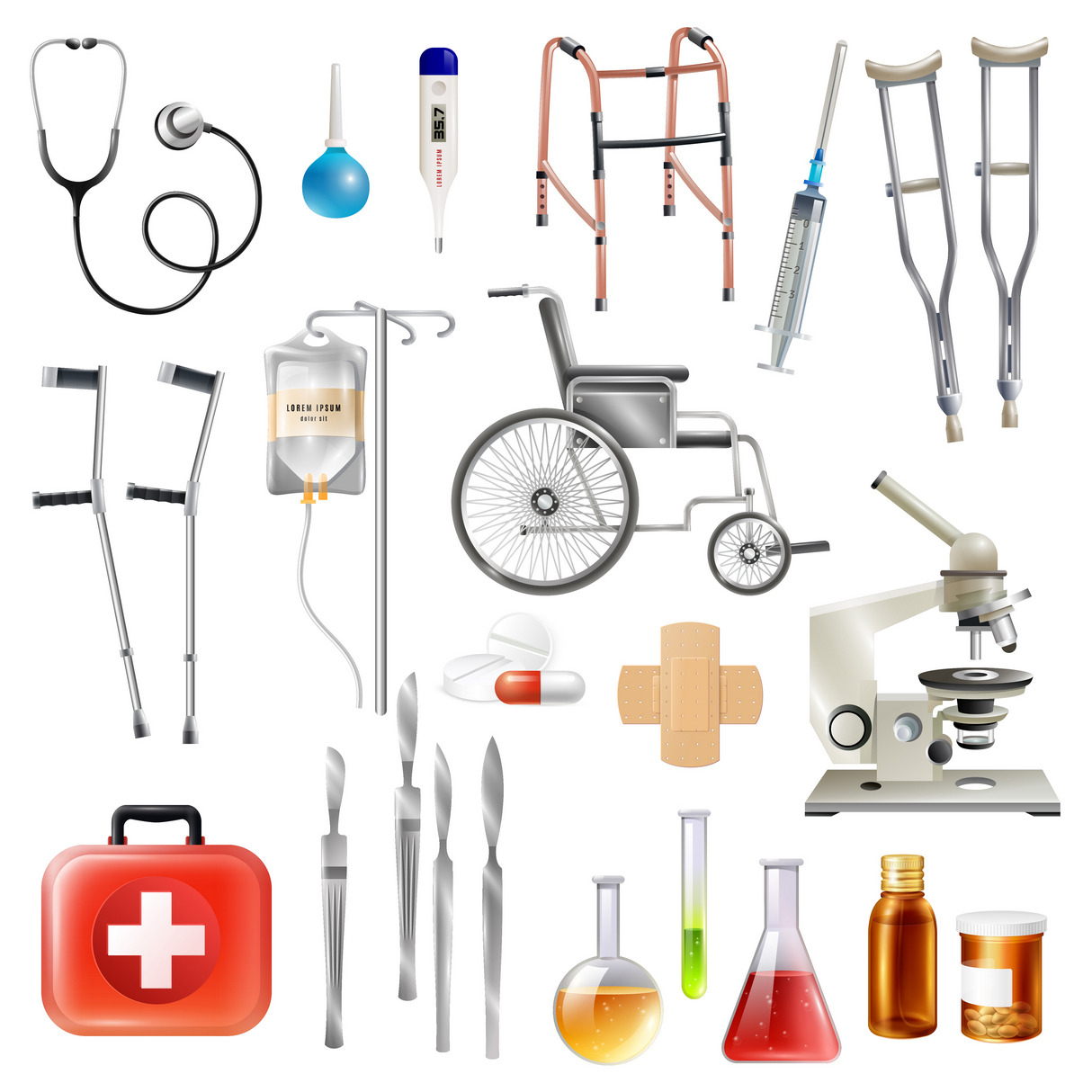Medical accessories icons set, an Icon by Macrovector