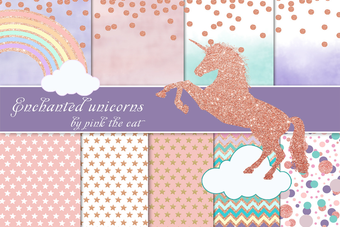 Rose Gold Glitter Unicorn & Papers, an Illustration by Pink The Cat