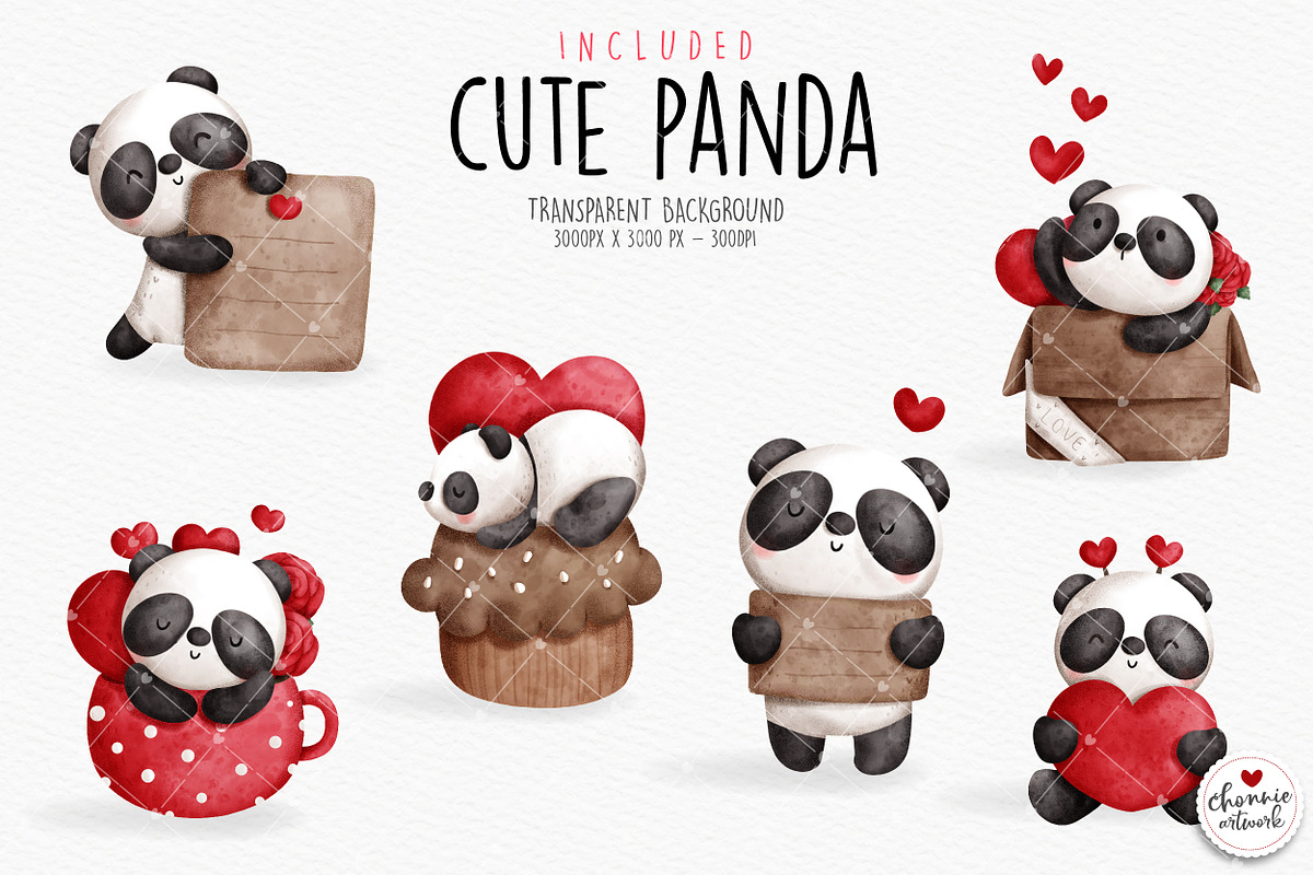 Valentine's panda clipart, an Animal Illustration by Chonnieartwork