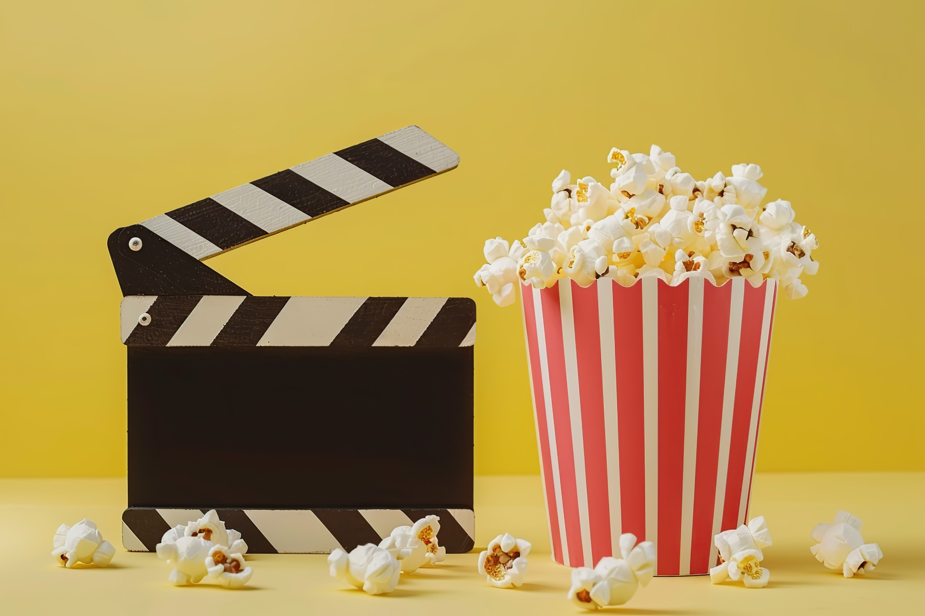 Black clapper board and bucket of popcorn on yellow background, a Food ...