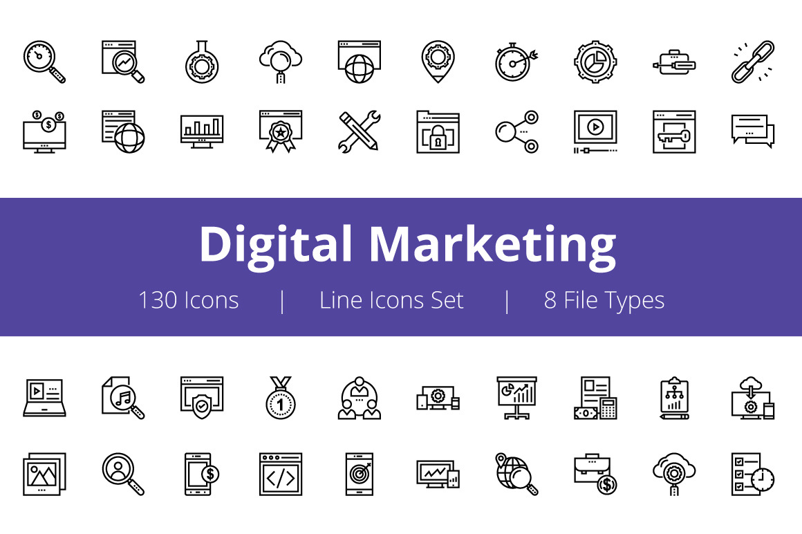 125+ Digital Marketing Line Icons, an Outline Icon by Prosymbols