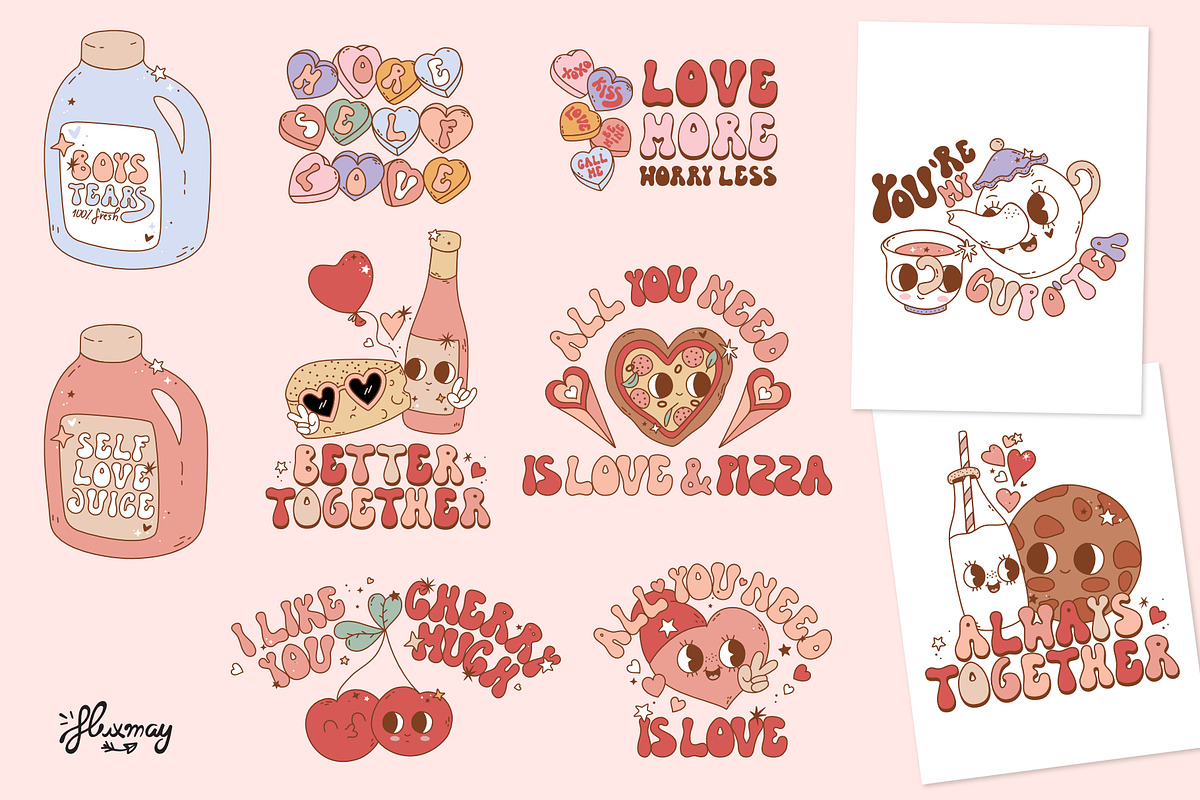 Groovy retro Valentine - clipart set, a Food Illustration by Huxmay