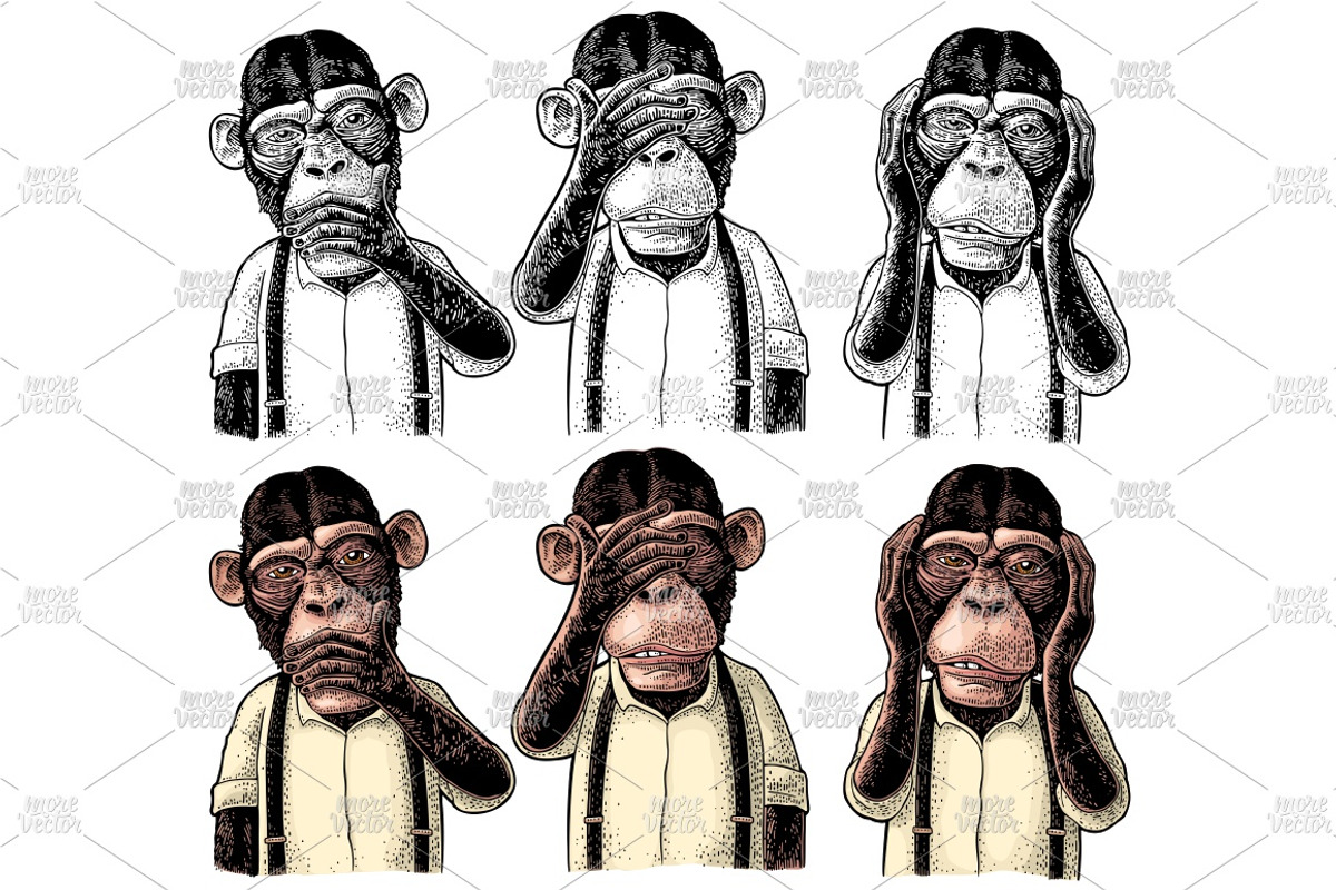 Three wise monkeys engraving, an Animal Illustration by MoreVector